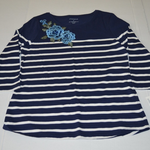 Charter Club | Tops | New Charter Club Stripe Blue 34 Slv Floral Shirt ...